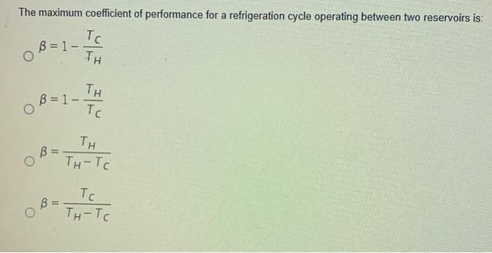 Solved The maximum coefficient of performance for a | Chegg.com