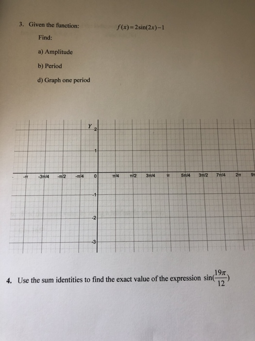 Solved 3. Given the function: f(x)=2 sin(2x)-1 Find: a) | Chegg.com