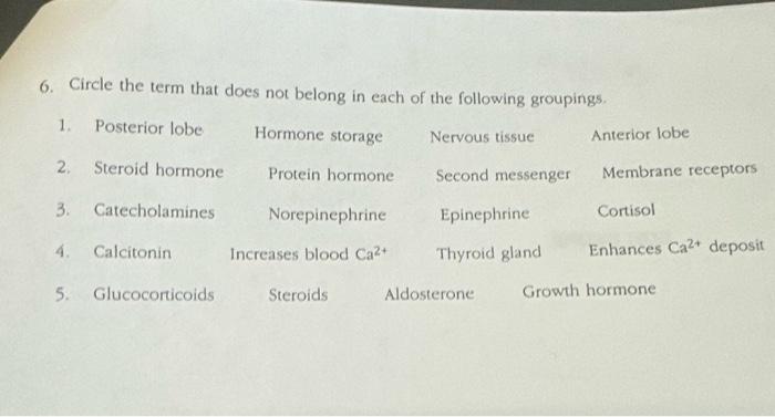 Solved 6. Circle the term that does not belong in each of | Chegg.com