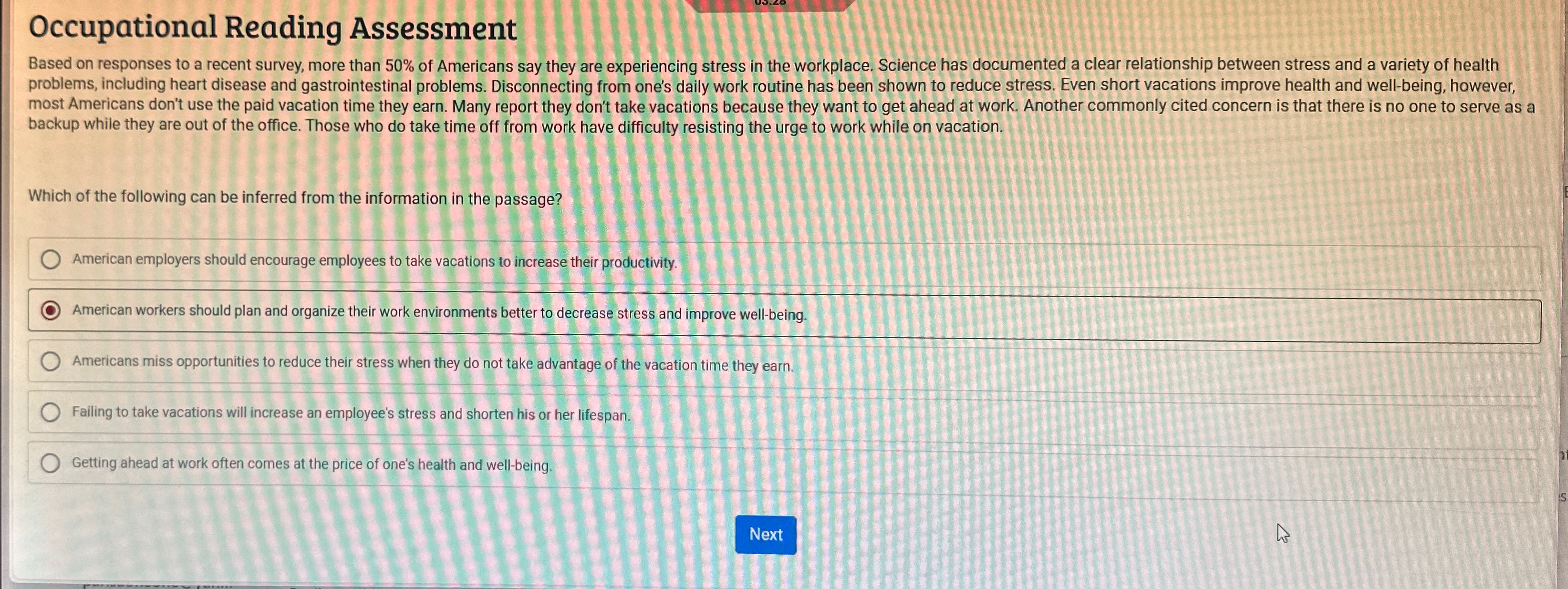 Solved Occupational Reading AssessmentBased on responses to | Chegg.com