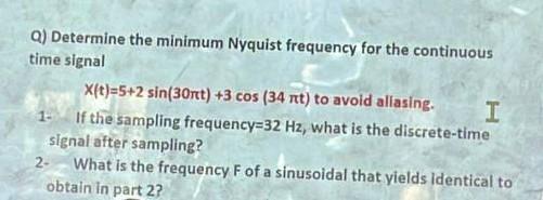 Solved a) Determine the minimum Nyquist frequency for the | Chegg.com