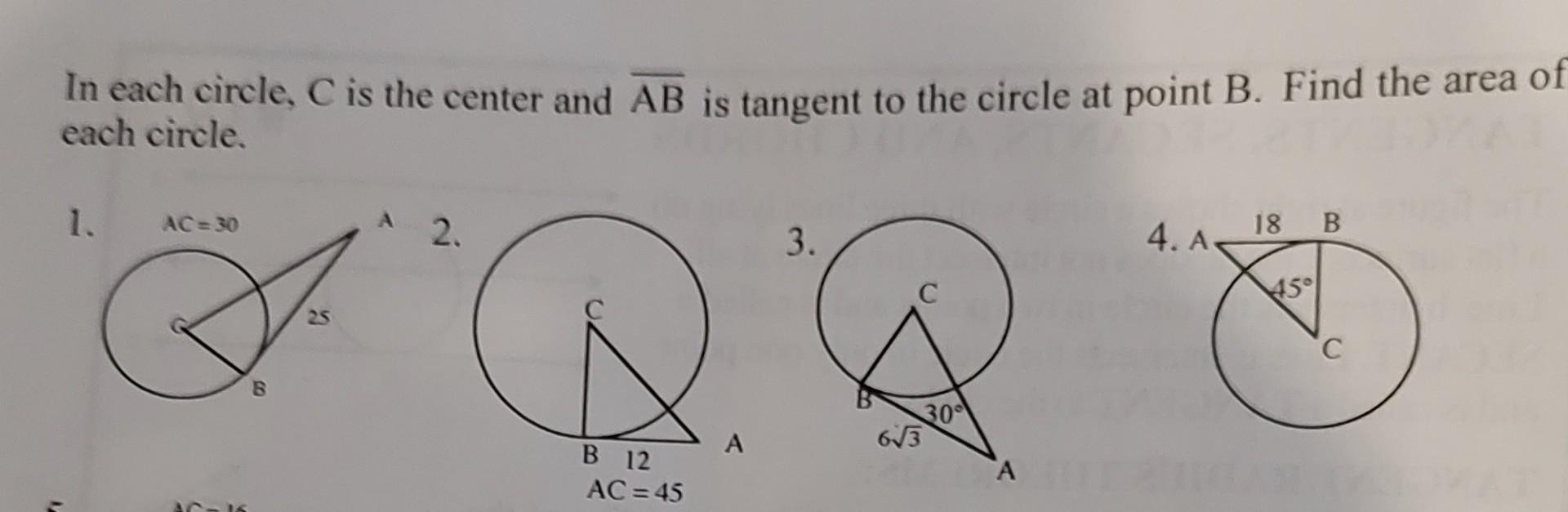 Solved In each circle, C is the center and AB is tangent to | Chegg.com