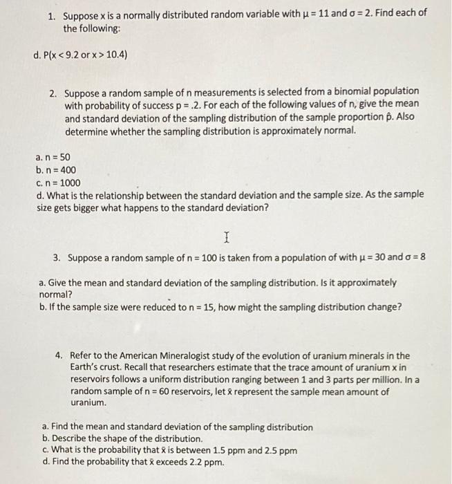 Solved 1. Suppose x is a normally distributed random | Chegg.com