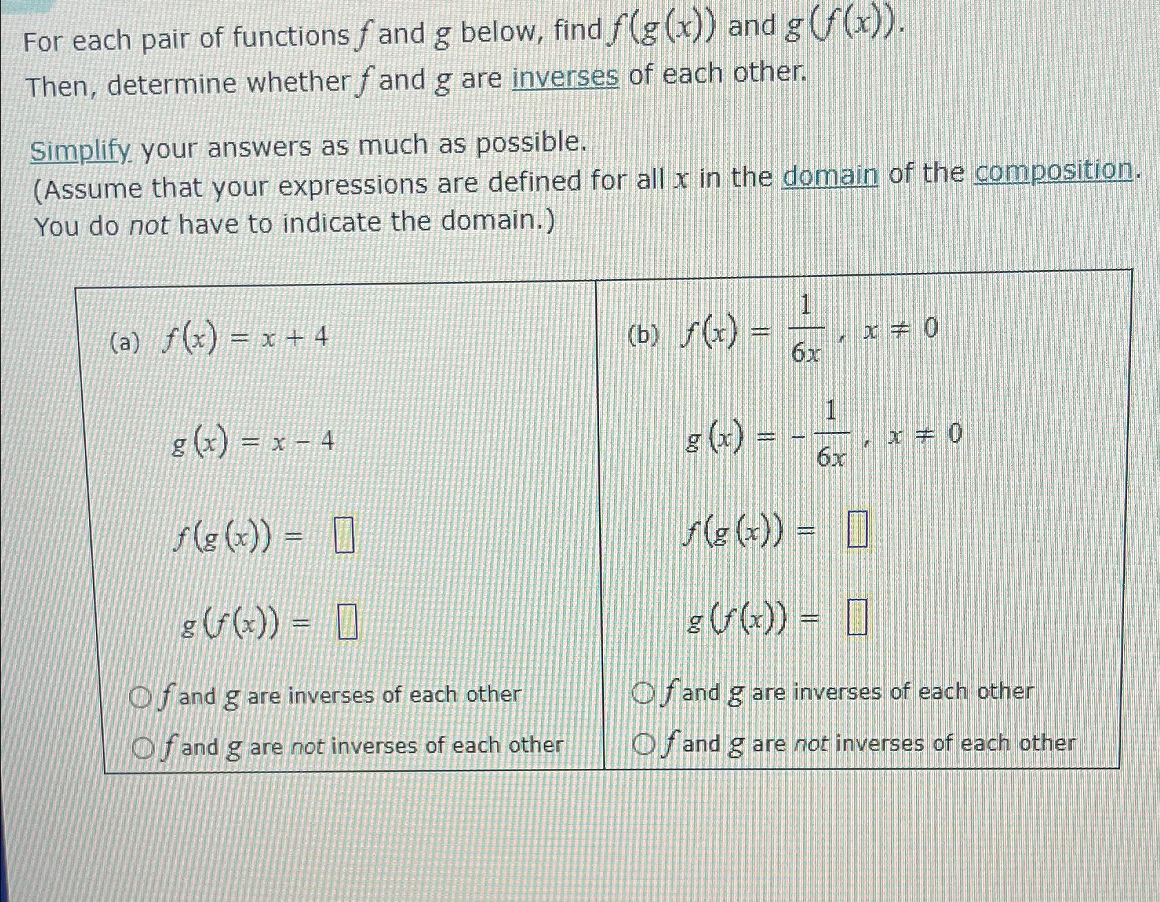 Solved For each pair of functions f ﻿and g ﻿below, find | Chegg.com