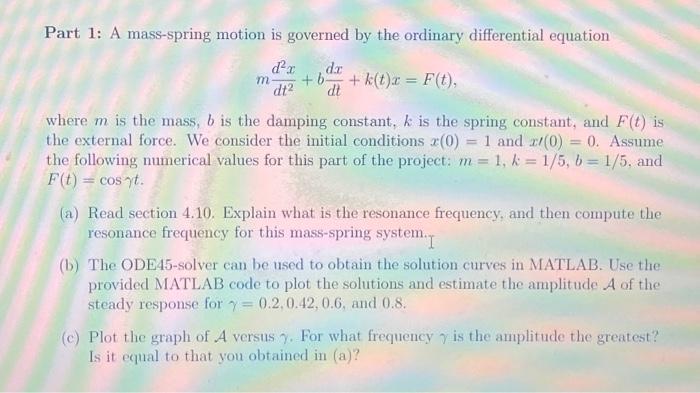 Solved Part 1 A Mass Spring Motion Is Governed By The