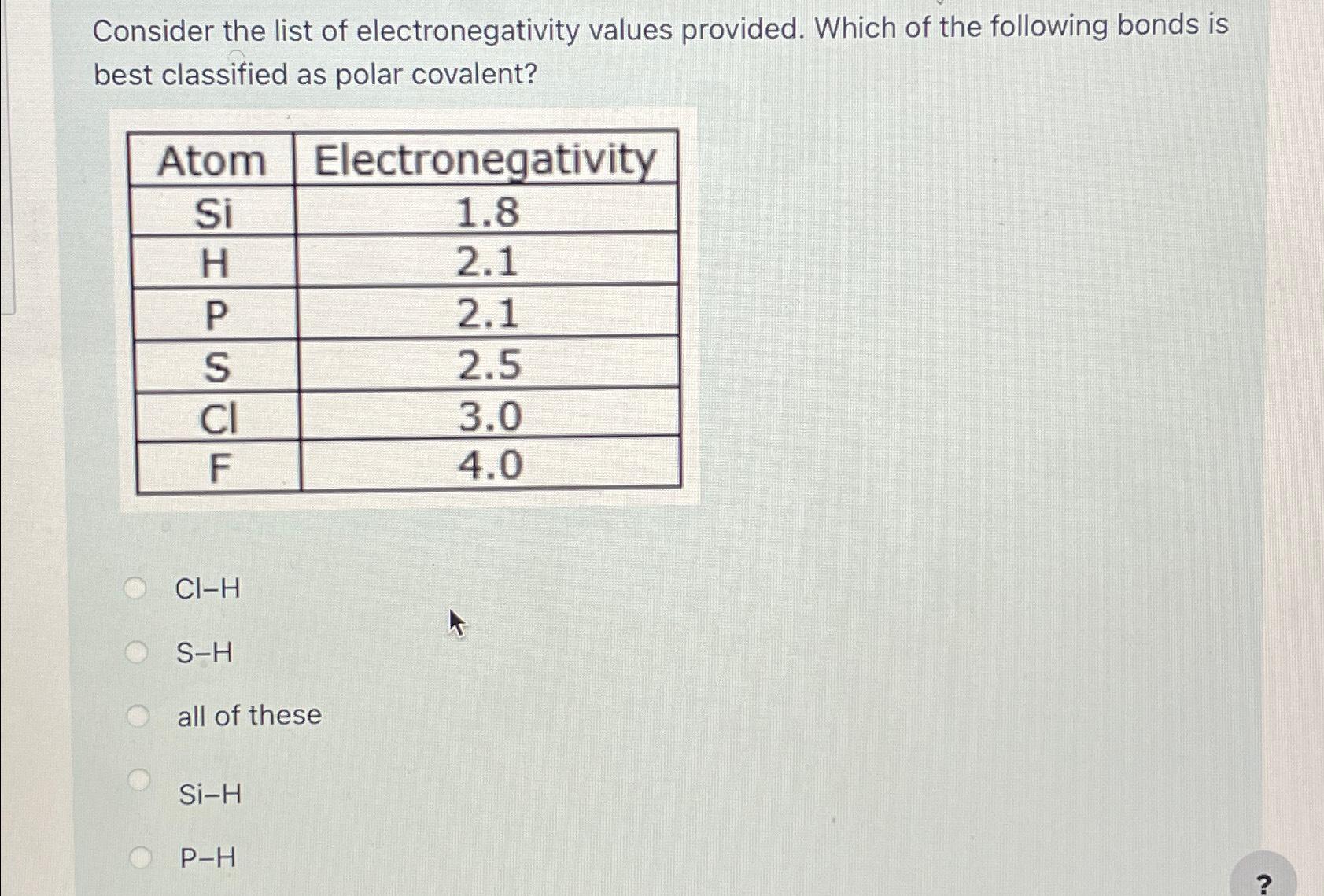 Solved Consider the list of electronegativity values | Chegg.com