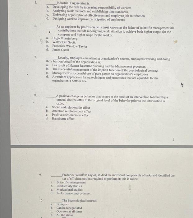 Solved 5. Industrial Engineering is: a. Developing the task | Chegg.com