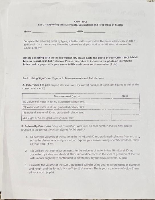 CHM130LL Lab 2 - Exploring Measurements, Calculations | Chegg.com