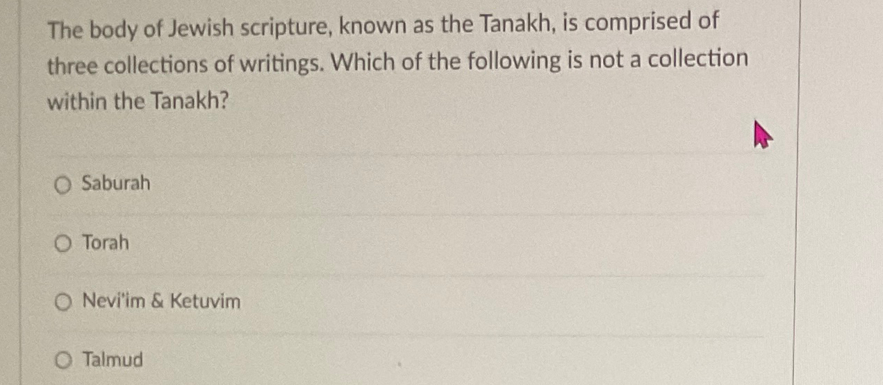 Solved The body of Jewish scripture, known as the Tanakh, is | Chegg.com