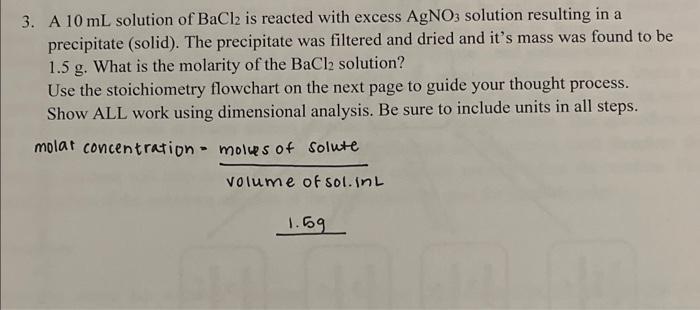 Solved 3. A 10 mL solution of BaCl2 is reacted with excess | Chegg.com