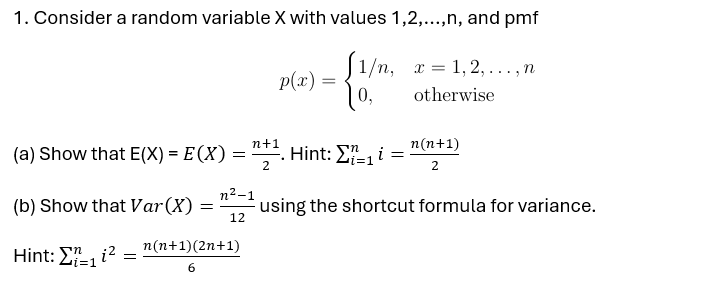 Consider a random variable x ﻿with values 1,2,dots,n, | Chegg.com