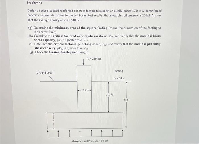 Solved Design a square isolated reinforced concrete footing | Chegg.com