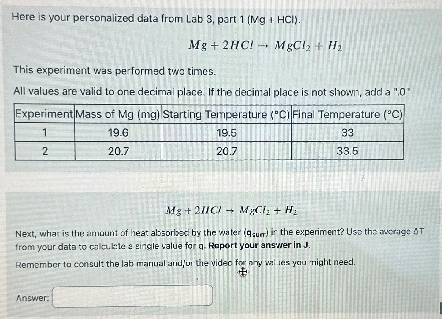 Solved Here is your personalized data from Lab 3, ﻿part | Chegg.com