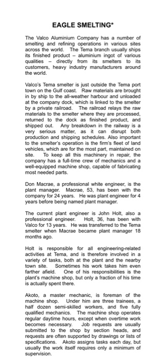 Solved EAGLE SMELTING* The Valco Aluminium Company has a | Chegg.com