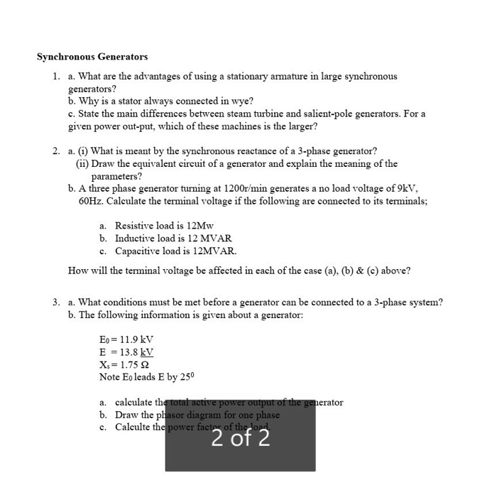 Solved Synchronous Generators 1. a. What are the advantages | Chegg.com