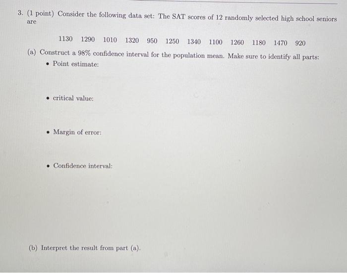 Solved 3. (1 point) Consider the following data set: The SAT | Chegg.com