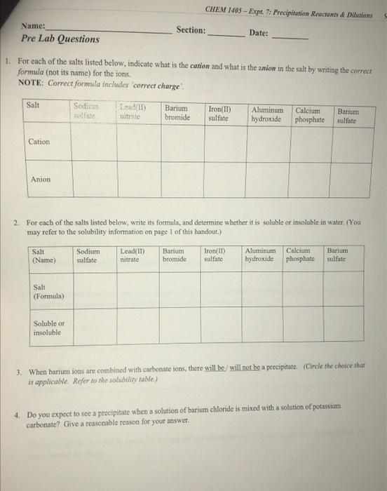 Solved CHEM 1405-Expt 7: Precjpitafion Reactants \& | Chegg.com