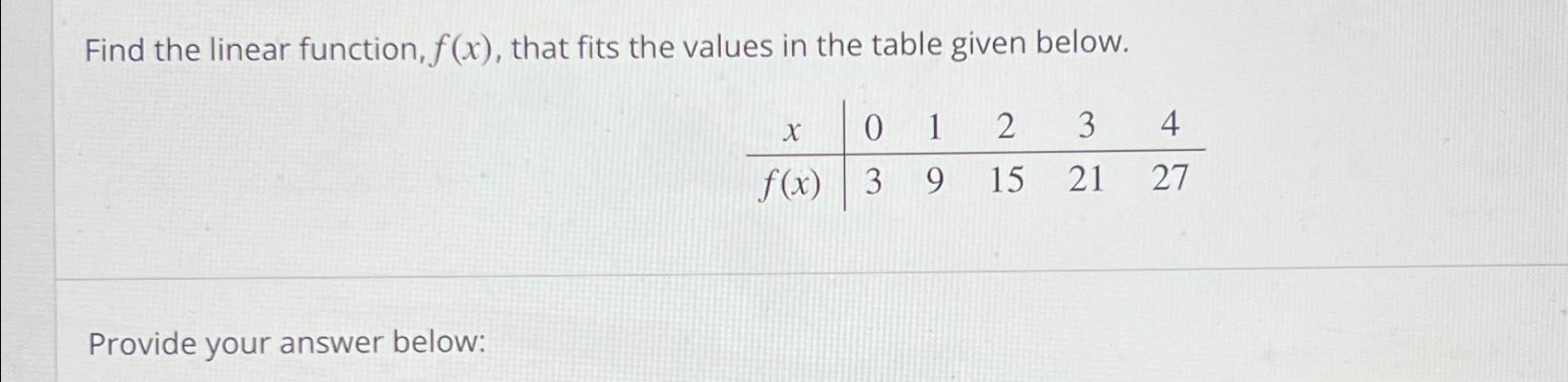 Solved Find the linear function, f(x), ﻿that fits the values | Chegg.com