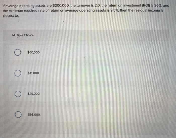 Solved If average operating assets are $200,000, the | Chegg.com