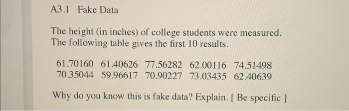 Solved A3.1 Fake Data The height (in inches) of college | Chegg.com