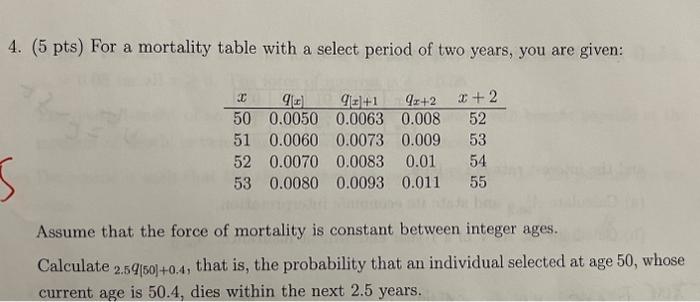 Solved 4. (5 pts) For a mortality table with a select period | Chegg.com
