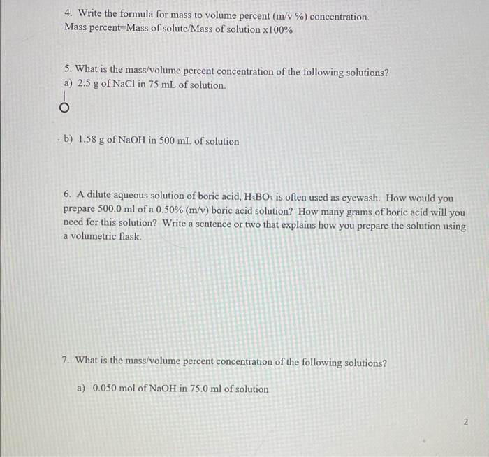 Solved 4. Write the formula for mass to volume percent | Chegg.com