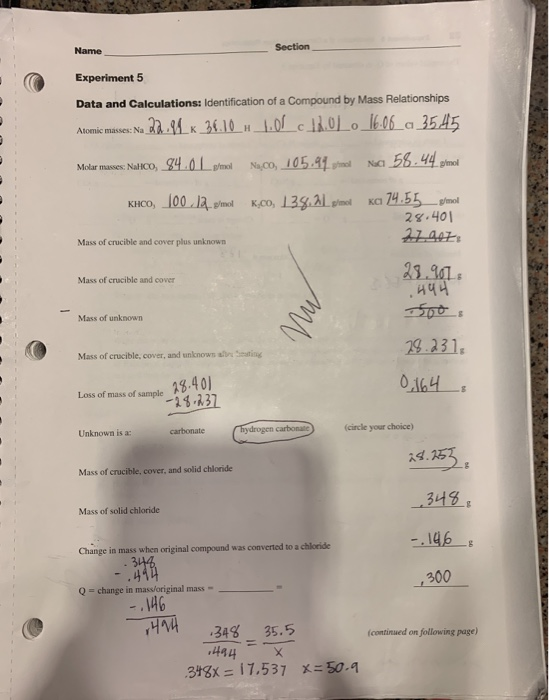 Name Section Experiment 5 Data and Calculations: | Chegg.com
