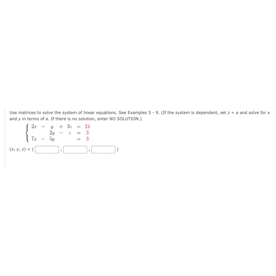 Solved Use matrices to solve the system of linear equations. | Chegg.com
