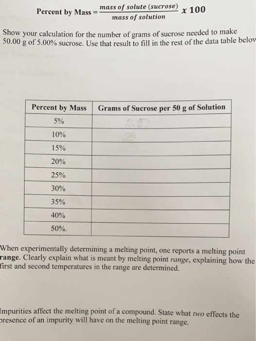 Solved mass of solute (sucrose) y 100 Percent by Mass=" mass | Chegg.com