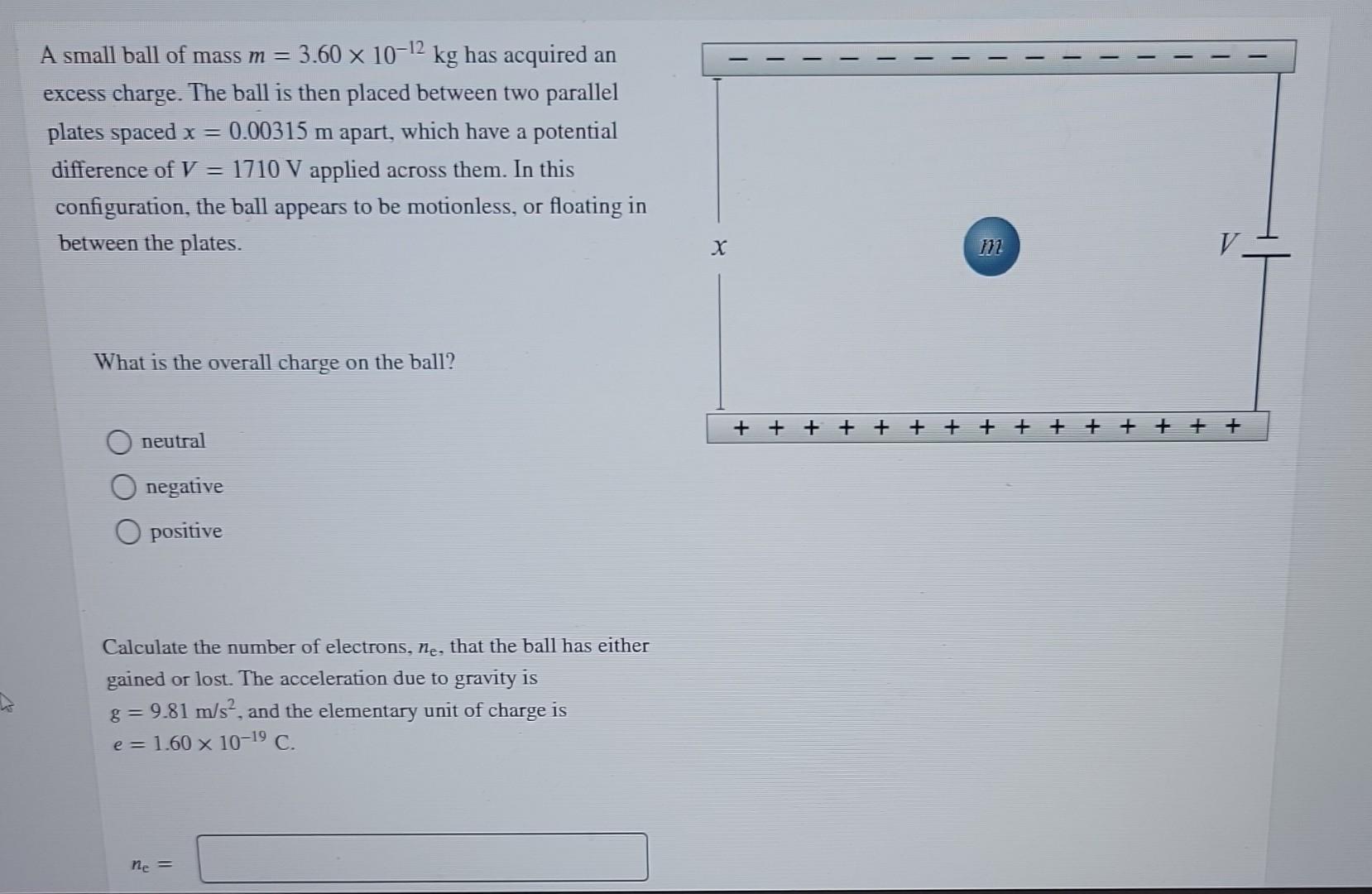 Solved A small ball of mass m=3.60×10−12 kg has acquired an | Chegg.com
