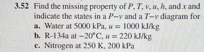 Solved 3.52 Find the missing property of P,T,v,u,h, and x | Chegg.com