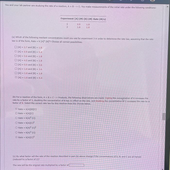 Solved (a) Which of the following reactant concentrations | Chegg.com