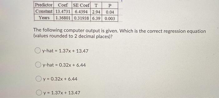Solved Predictor Coef SE Coef T Р Constant 13.4731 6.4394 | Chegg.com