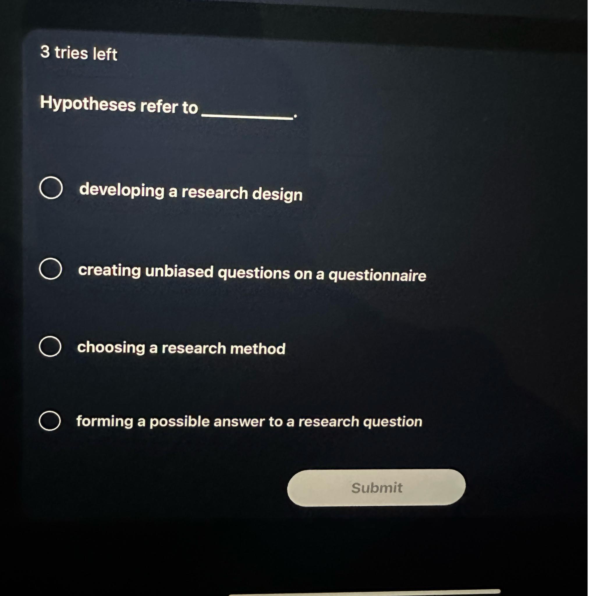 Solved 3 ﻿tries leftHypotheses refer todeveloping a research | Chegg.com