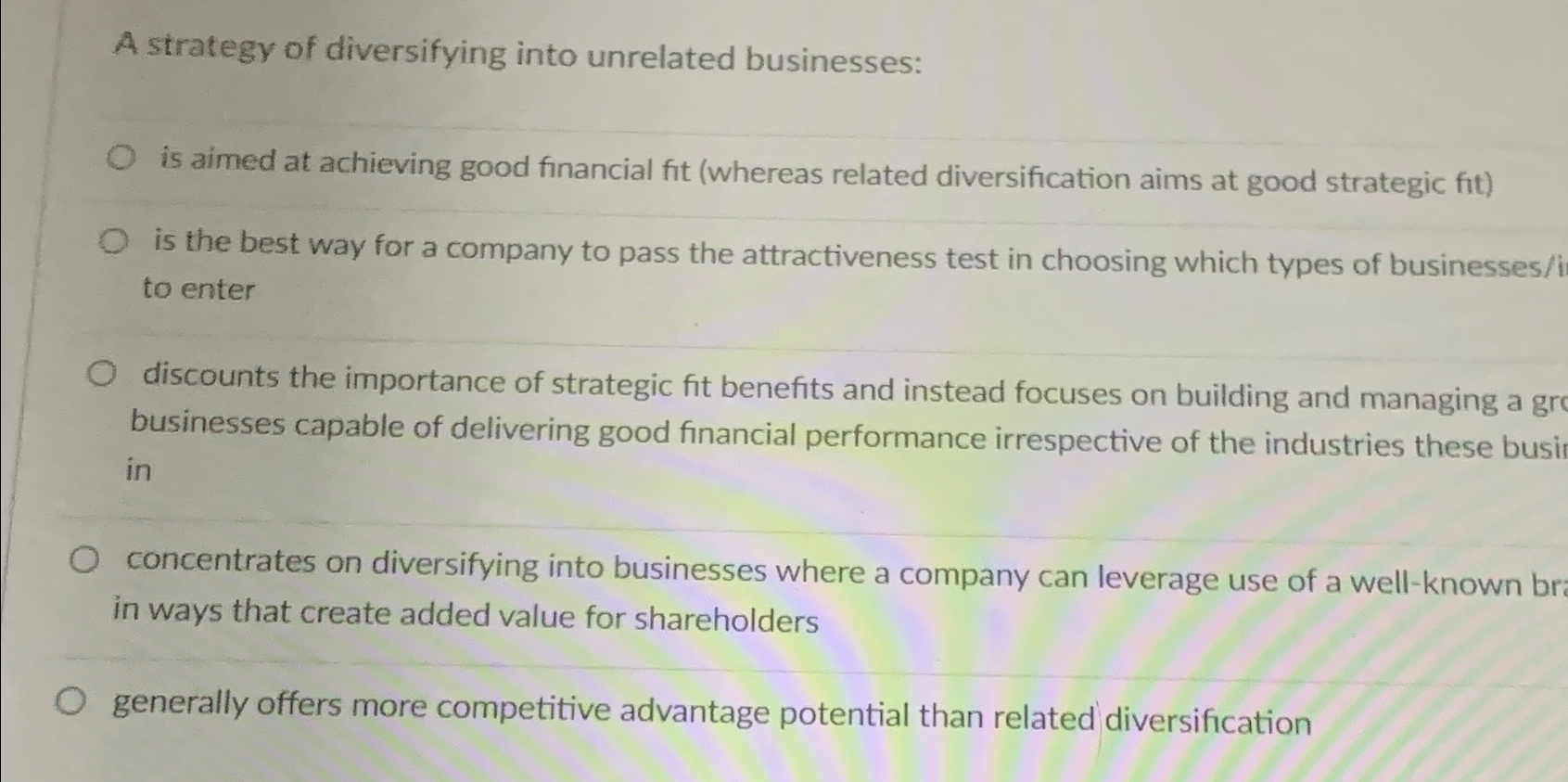 Solved A strategy of diversifying into unrelated | Chegg.com