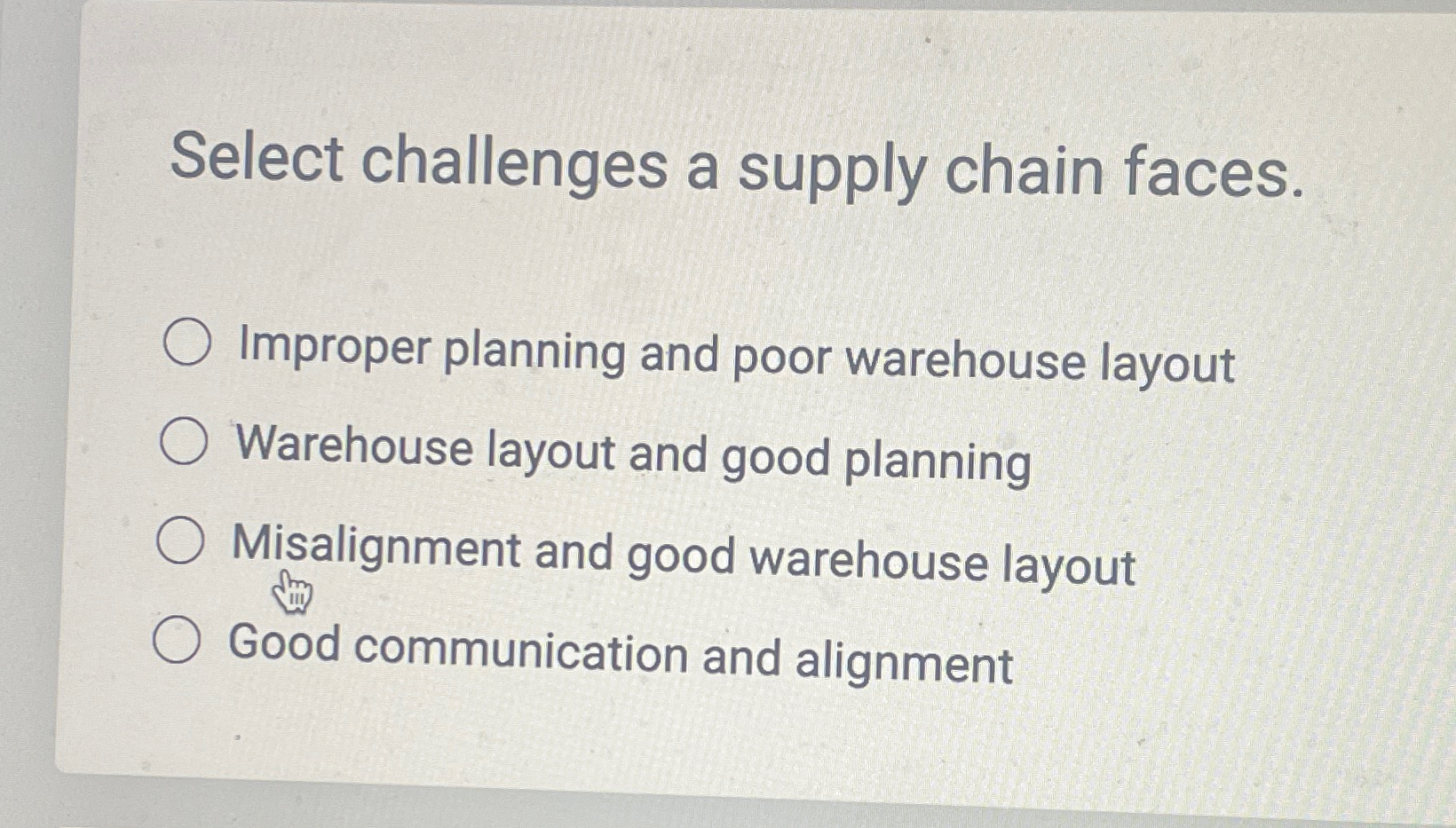 Solved Select challenges a supply chain faces.Improper | Chegg.com