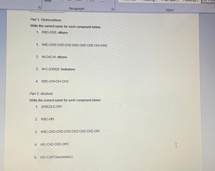 Solved Part 1: Hydrocarbons Write the correct name for each | Chegg.com