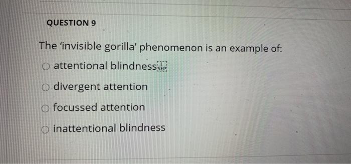 Solved QUESTION 9 The 'invisible gorilla' phenomenon is an | Chegg.com