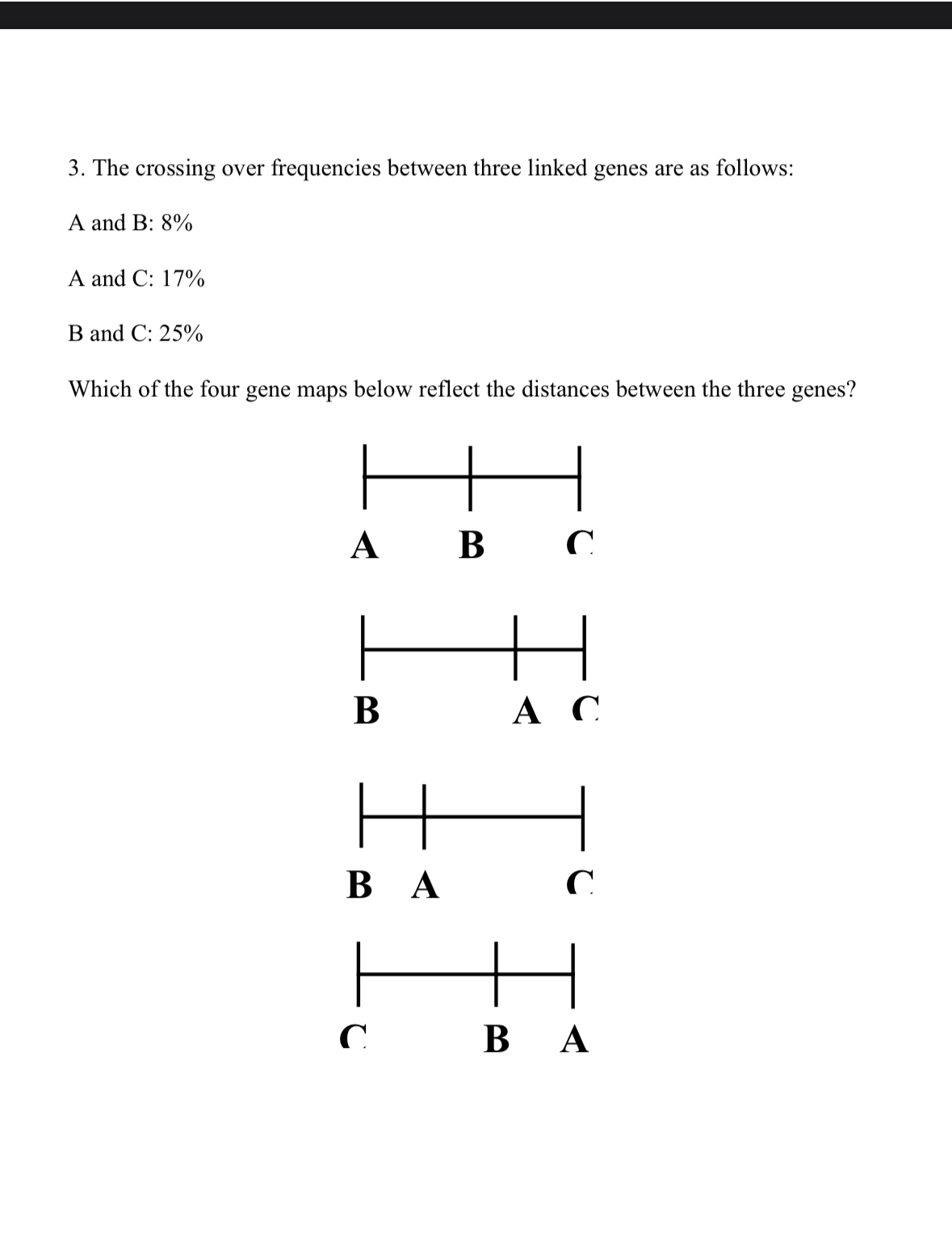 Solved The crossing over frequencies between three linked | Chegg.com