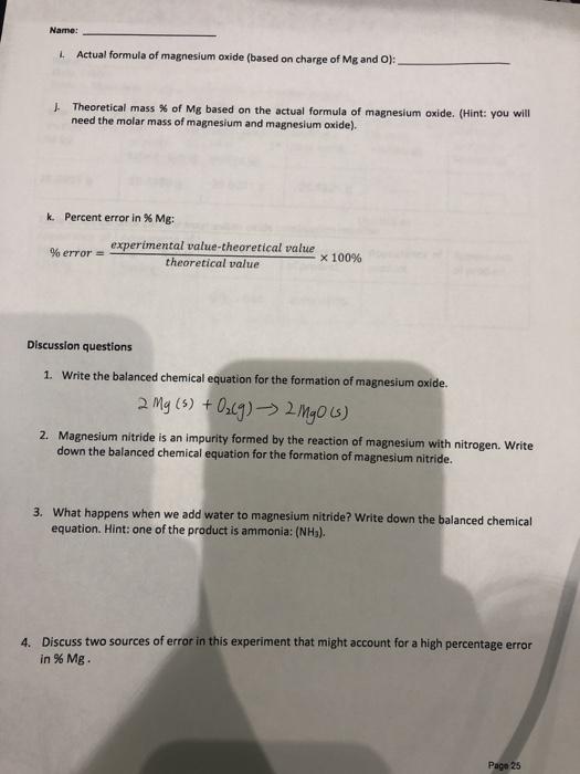 Solved Name: Data Table: Table 1. Mass data for magnesium | Chegg.com