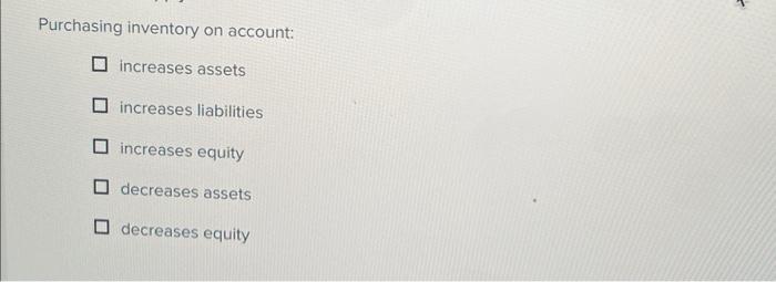 Solved Purchasing inventory on account: increases assets | Chegg.com