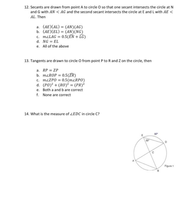 Solved 12 Secants Are Drawn From Point A To Circle O So