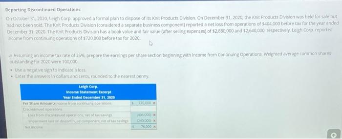 Solved Reporting Discontinued Operations On October 31, | Chegg.com