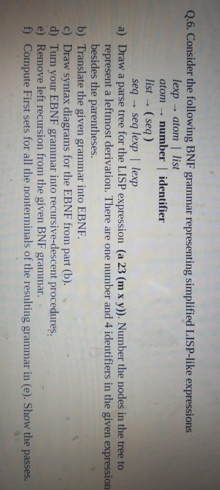 Solved Q.6. Consider the following BNF grammar representing | Chegg.com