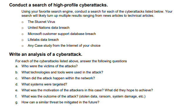 Solved For each cyber attacks, I need you to answer the | Chegg.com