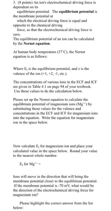 Solved 3. (8 points) An ion's electrochemical driving force | Chegg.com