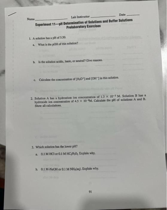 Solved Name Lab Instructor Experiment 11−pH Determination of | Chegg.com