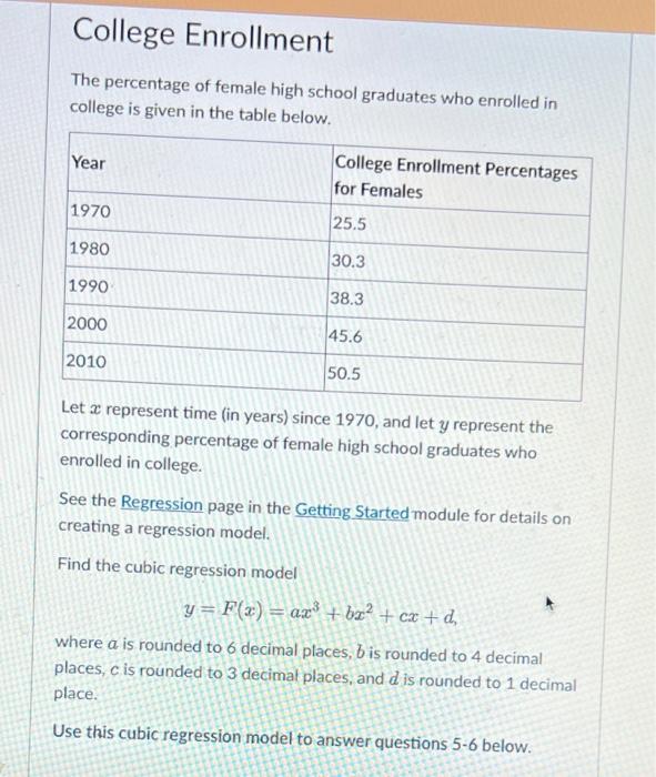 Solved College Enrollment The percentage of female high | Chegg.com