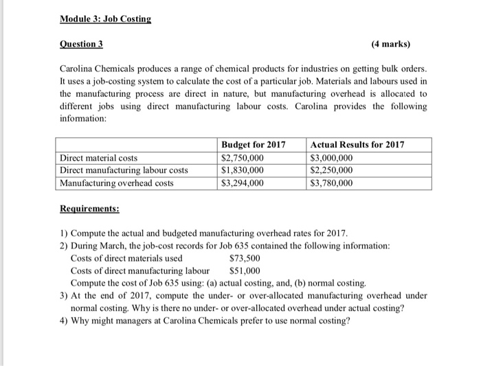 Solved Module 3: Job Costing Question 3 (4 marks) Carolina | Chegg.com