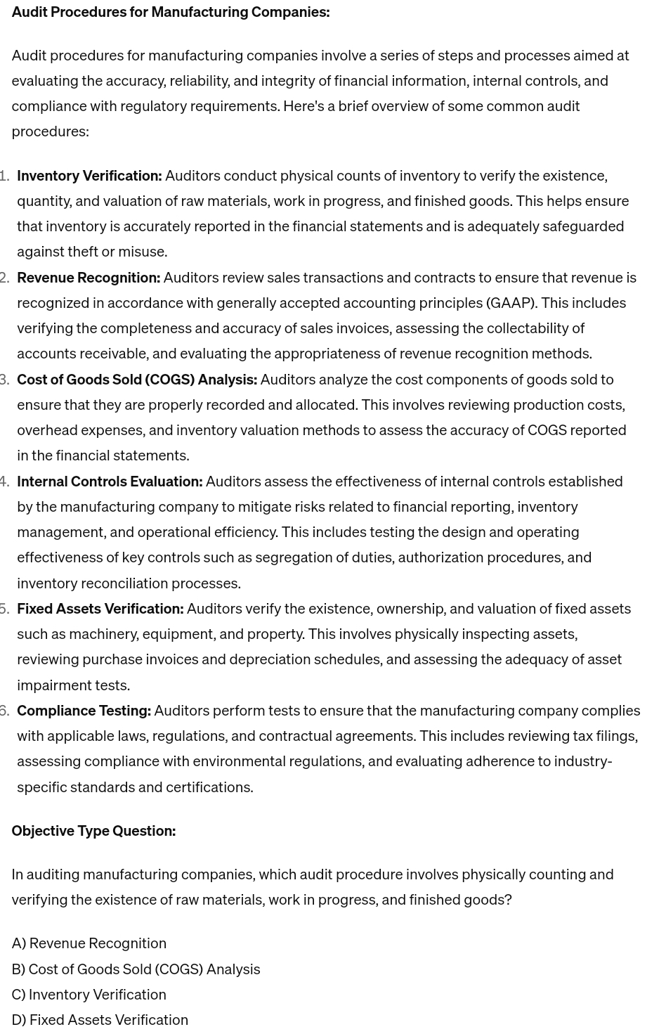 Solved Audit Procedures for Manufacturing Companies:Audit | Chegg.com